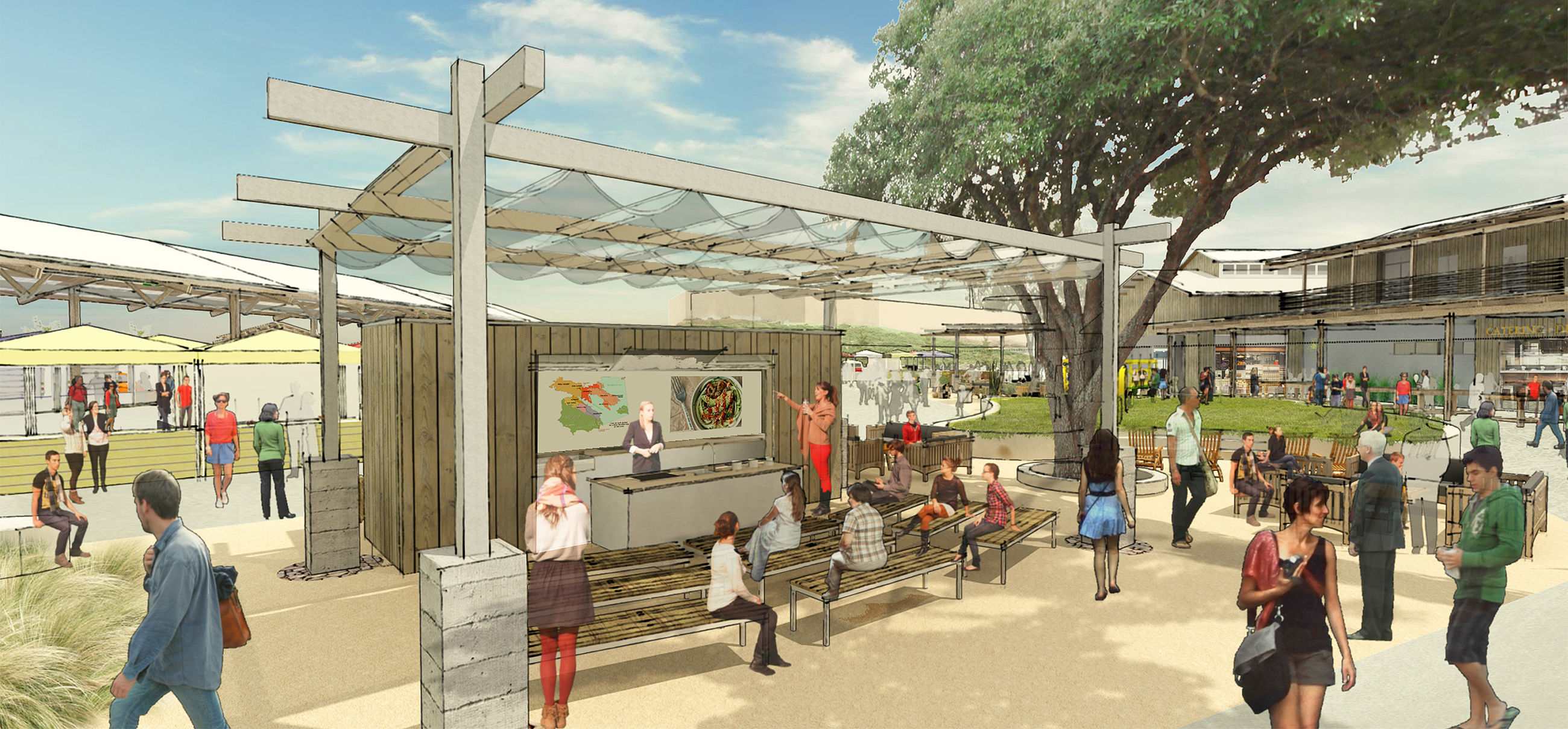 architect design community gathering plaza food retail farmers