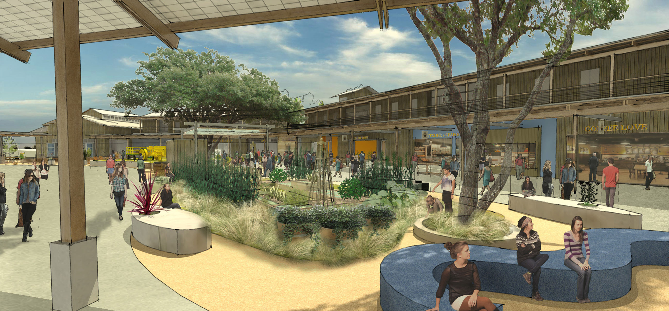 architect design community gathering plaza food retail farmers